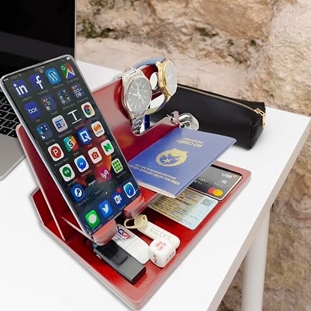 Gifts for Men Wood Phone Docking Station Gifts for him Husband Nightstand Organizer Cell Phone Stand Watch Holder Wallet Station Desk Organizers Gifts for Dad Birthday Gifts for Men