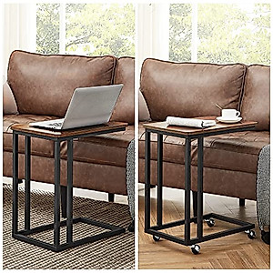 VASAGLE End Table, C Shaped TV Tray with Metal Frame Rolling Casters, Industrial Side Table for Living Room Bedroom, 19.7 x 13.8 x 23.6 Inches, Dark Walnut and Black