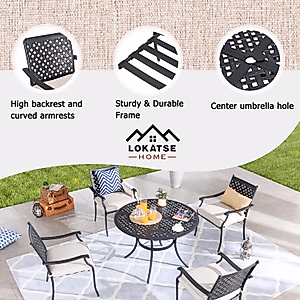 LOKATSE HOME 5 PCS Outdoor Patio Dining Set 4 Armchair with Cushions and 1 Round Table with 2.04" Umbrella Hole, Khaki