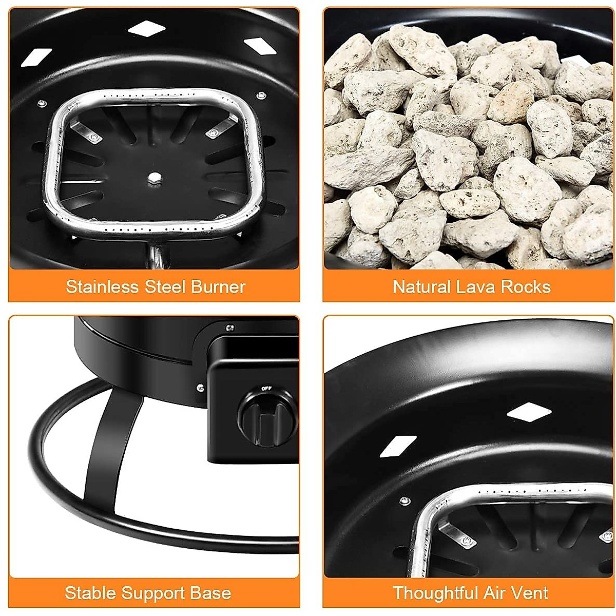 ReunionG 58,000 BTU Portable Propane Outdoor Fire Pit, w/ Cover & Carry Kit, CSA Certification, , Lava Rocks & 10 FT Hose, Durable Gas Fire Bowl for Outdoor Heating, Camping and Party, black