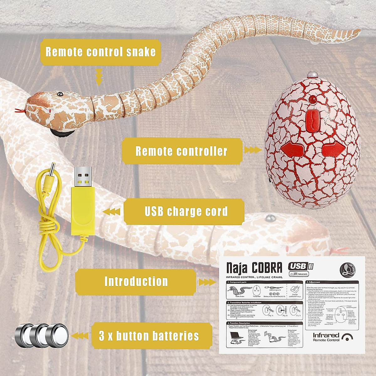 Giveme5 16" Long Rechargeable Remote Control RC Snake Toy Realistic Cobra Snake Toy Fake Snake Prank Halloween for Kids Play (Orange)