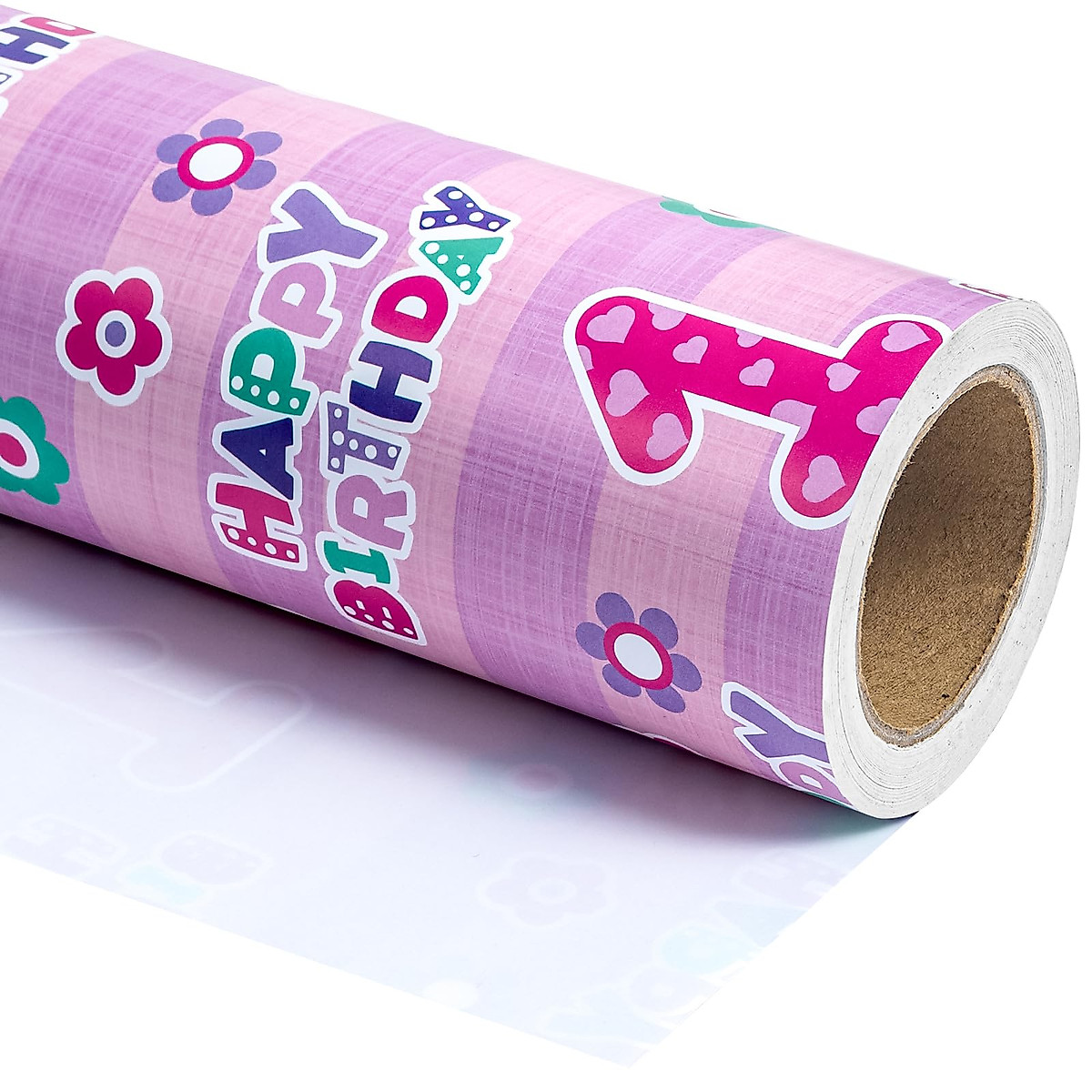 WRAPAHOLIC 1st Birthday Wrapping Paper - Mini Roll - 17 Inch x 33 Feet - Pink Happy Birthday with Floral Design for Birthday, Party, Holiday