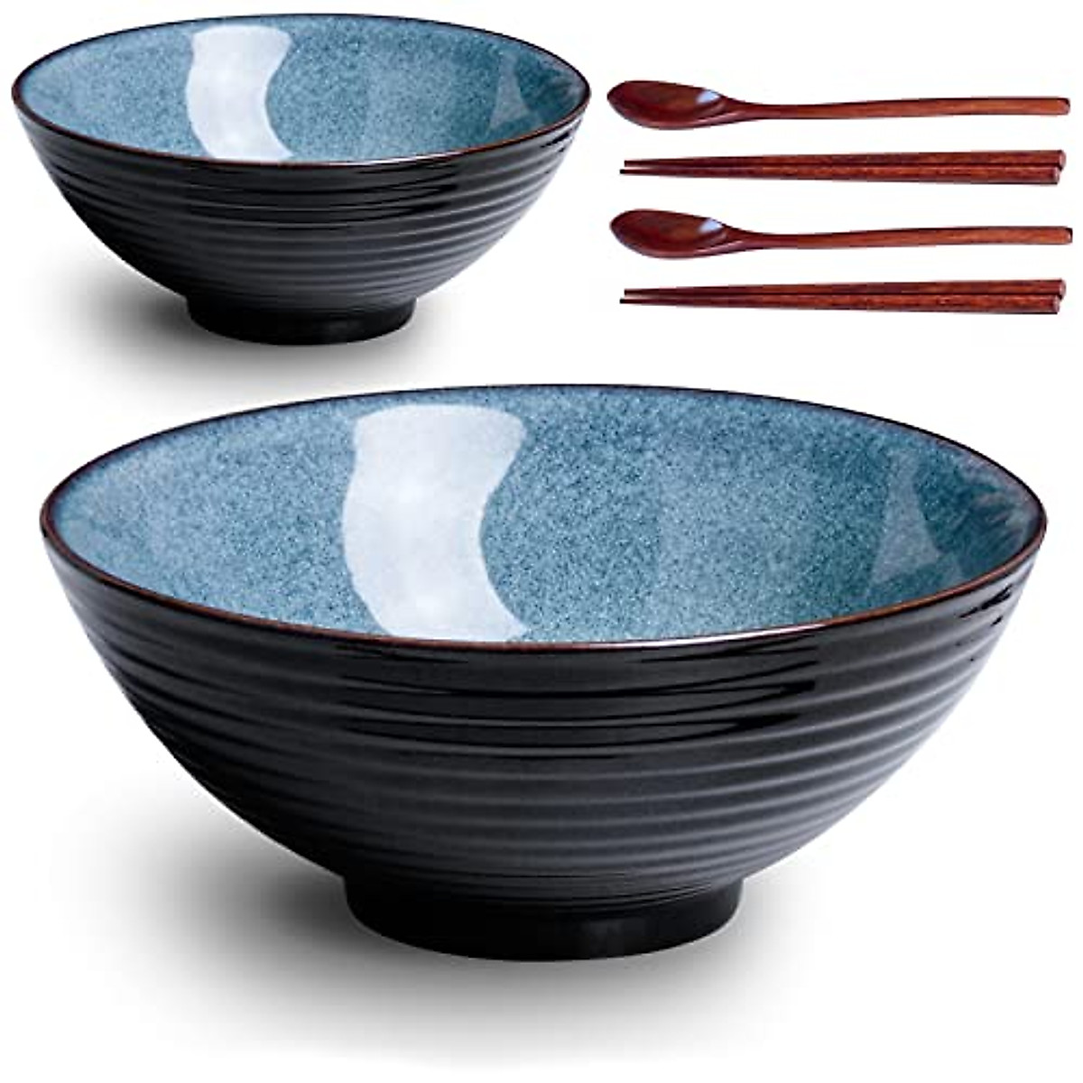 Auanlay 8 Inch Ceramic Ramen Bowl Set of 2, Porcelain 40 oz Japanese Udon Soba Pho Asian Soup Noodle Bowls with Chopsticks and Spoons