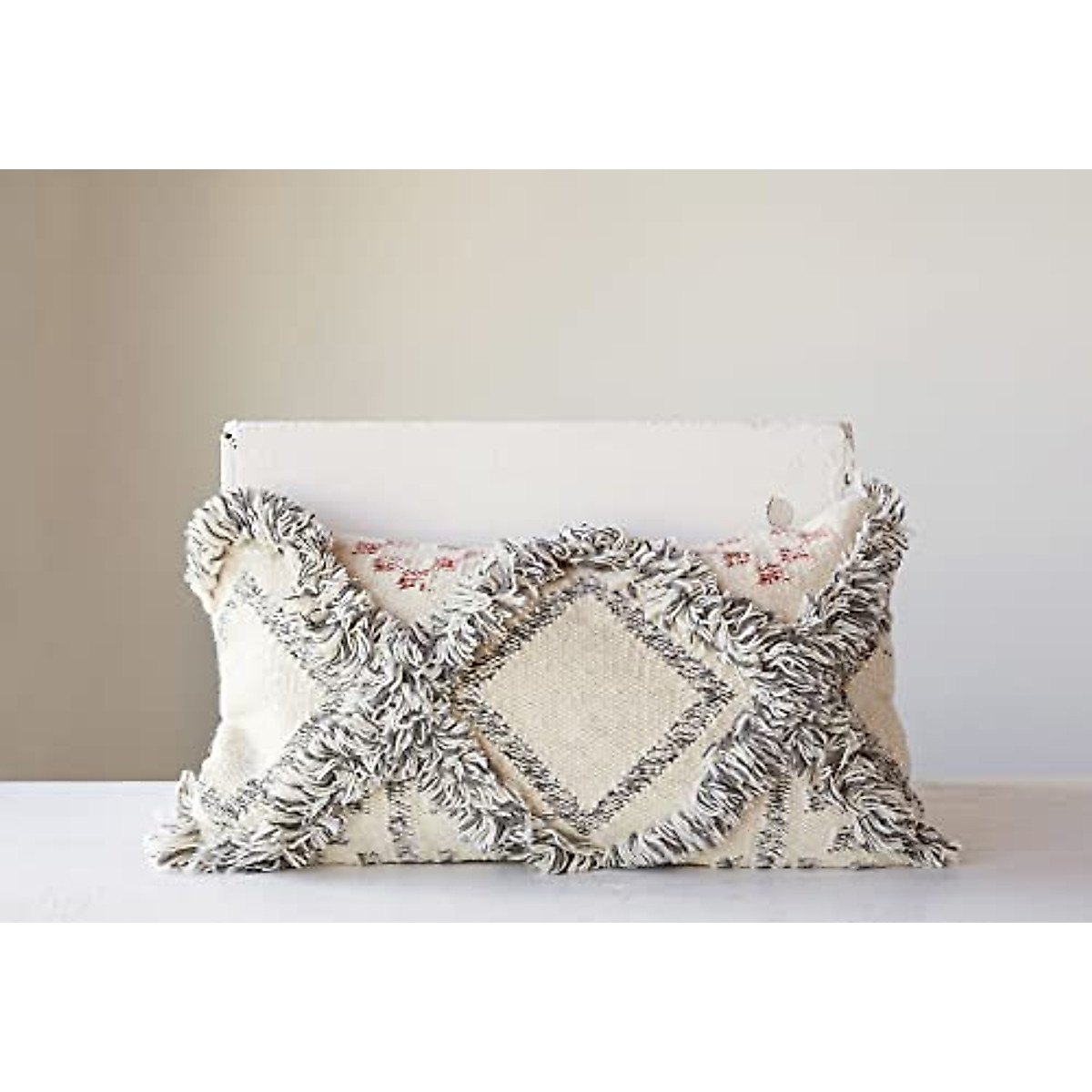 Creative Co-Op Wool Cream Kilim Pillow with Grey Fringe Accents