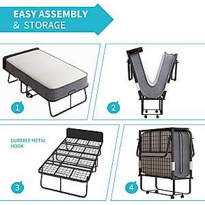 CECER Rollaway Bed with 5 Inch Foam Mattress, 75" x 31" Folding Bed, Cot Size Space-Saving Guest Bed with Headboard, Portable Foldable Bed for Adults with Sturdy Metal Frame and Dust Cover