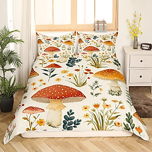 Feelyou Mushroom Bedding Set Natural Wild Fungus Duvet Cover for Kids Boys Girls Plant Botanical Boho Comforter Cover Wild Mushroom Bedspread Cover Queen Size