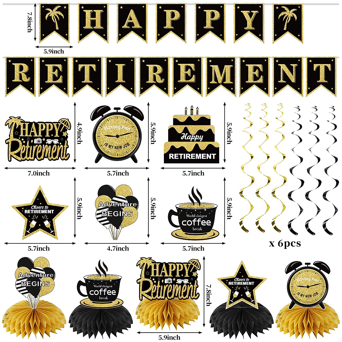 Kuxriox 20PCS Happy Retirement Party Decorations Kit for Men Women, Black Gold Retirement Banner Balloons Honeycomb Centerpiece Swirl Paper Pompoms Party Supplies, Retired Sash Table Topper Swirls Set