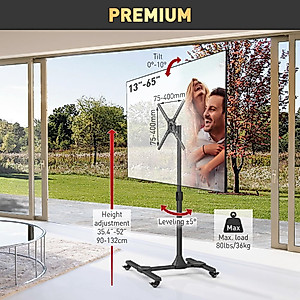 Barkan Mobile TV Cart 13-65 inch Tilt and Height Adjustment Stand, Holds Up to 80 lbs, Glossy Finish, Lockable Wheels, 5 Year Warranty, Rolling Trolley, Fits LED OLED LCD, Black
