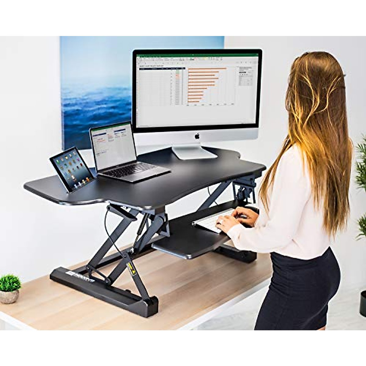 Mount-It! Height Adjustable Standing Desk Converter | 48” Wide Tabletop Sit Stand Desk Riser with Gas Spring | Stand Up Computer Workstation Fits Dual Monitors | Black | MI-7925