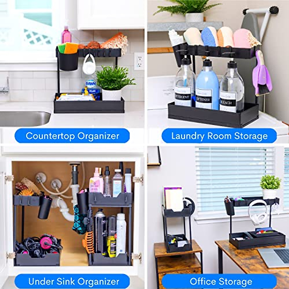 2 Sets of 2 -Tier Multi-Purpose Under Sink Organizer and Storage, Adjustable Height Pull Out Under Sink Kitchen Bathroom Cabinet with 8 Hooks and 2 Hanging Cup, Kitchen Sink Splash Guard