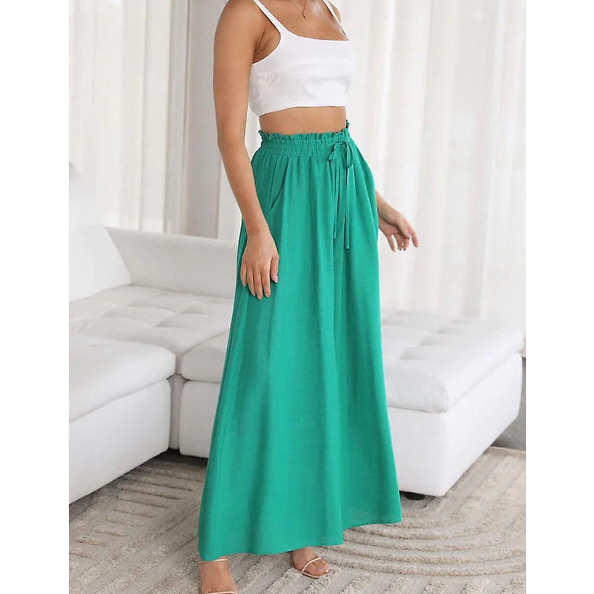 Zontroldy Wide Leg Palazzo Pants for Women High Elastic Smocked Paper Waist Casual Lounge Culottes Pants (0553-Green-XL)