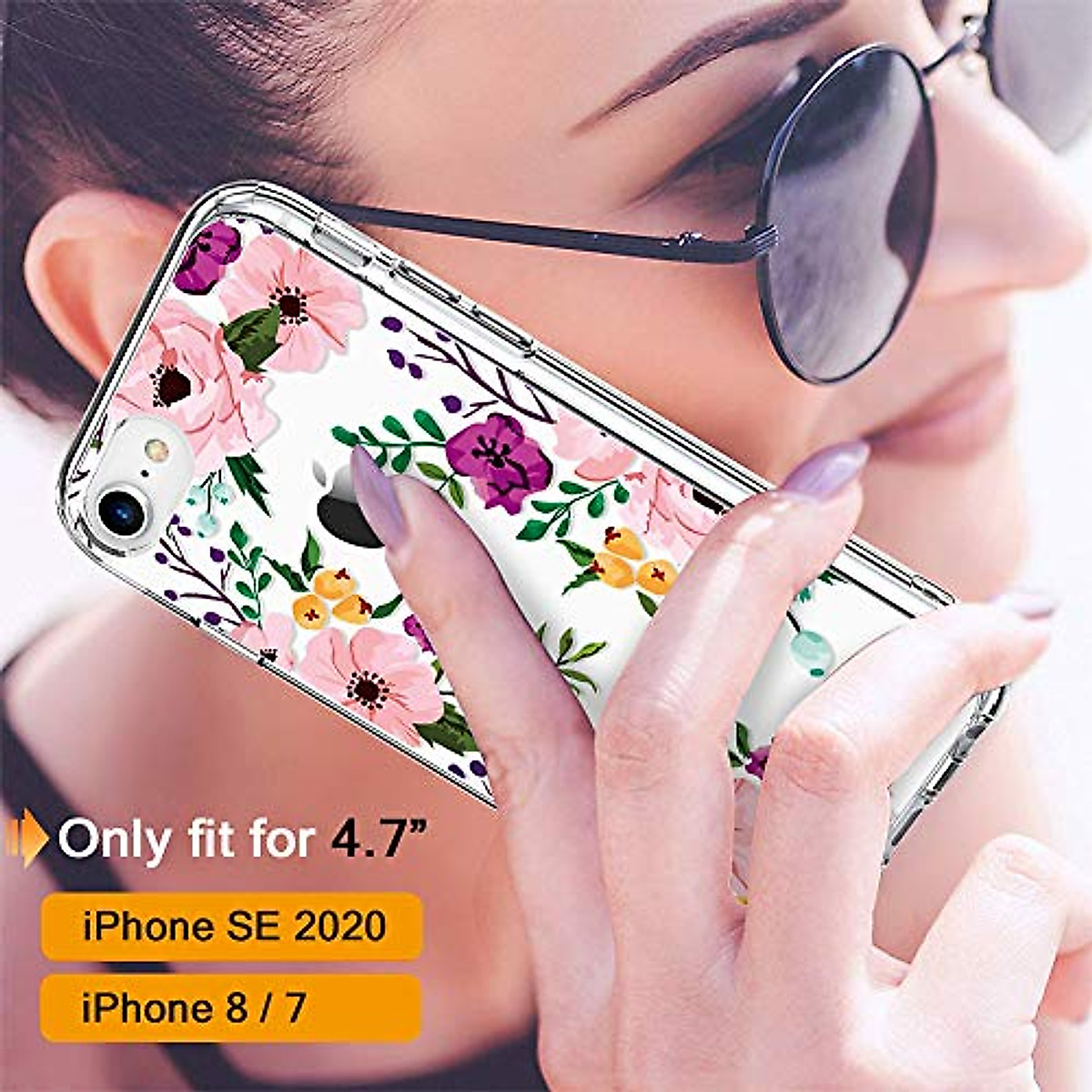 GiiKa iPhone SE 2020 Case, iPhone 8 Case, iPhone 7 Case with Screen Protector, Clear Protective Case Floral Girls Women Hard PC Case with TPU Bumper Cover Phone Case for iPhone 8, Small Flowers