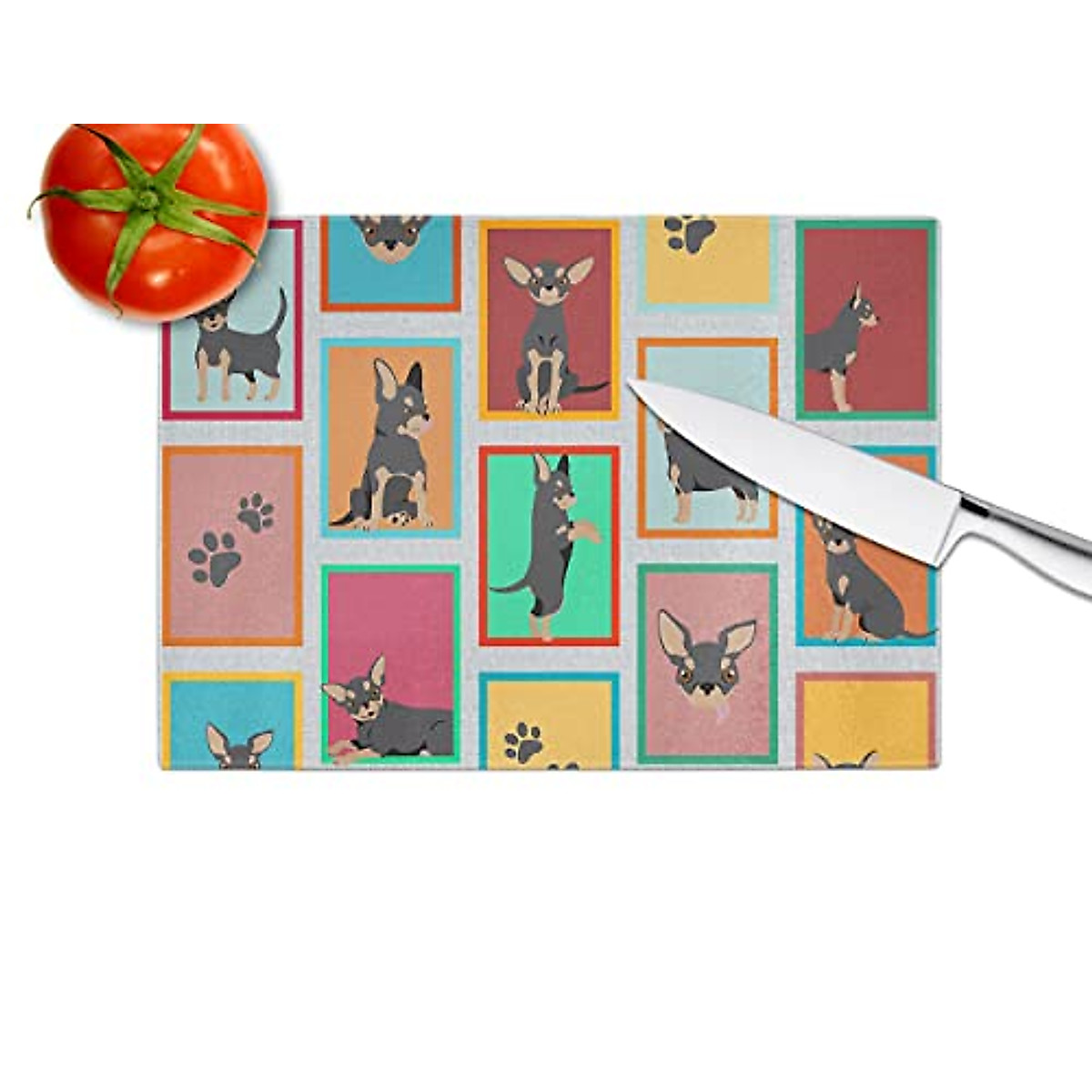 Caroline's Treasures MLM1153LCB Lots of Black and Tan Chihuahua Glass Cutting Board Large Decorative Tempered Glass Kitchen Cutting and Serving Board Large Size Chopping Board