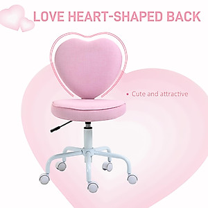HOMCOM Heart Love Back Armless Office Chair, Comfortable Desk Chair with Adjustable Height, Cute Fabric Vanity Chair with 360 ° Swivel Wheels, Pink
