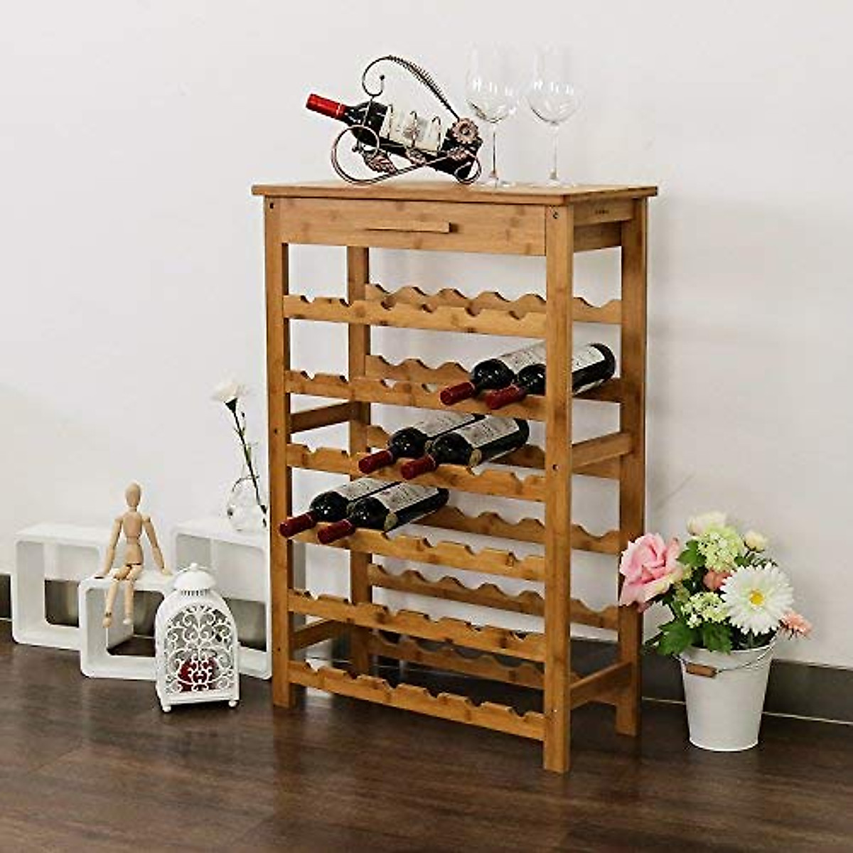 Kinsuite Bamboo Wine Rack Modular Wine Storage Holder Display Shelves for Storing Bottles at Home 36 Bottle Wine Rack Free Standing Floor 6 Shelves with Drawer