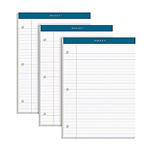 TOPS Docket Writing Pads, 8-1/2" x 11-3/4", Legal Rule, White Paper, 3-Hole Punched, 100 Sheets, 3 Pack (63393)