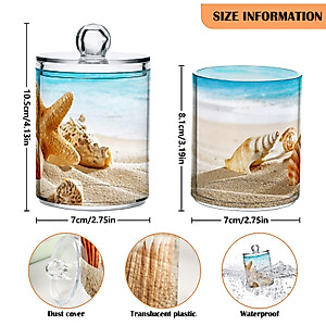 ALAZA 2 Pack Qtip Holder Dispenser for Cotton Ball Shell Beach Starfish Ocean 2 Cotton Swab Cotton Round Pads Clear Plastic Acrylic Jar Set Bathroom Canister