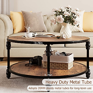IDEALHOUSE Round Coffee Table for Living Room Rustic Center Table with Storage Shelf Wood Circle Coffee Table with Sturdy Metal Legs, Easy Assembly