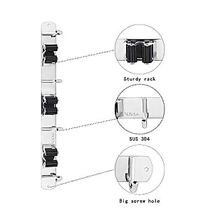Broom Mop Holder Wall Mount Stainless Steel Rack Tools Organizer Hanger with 3 Slots 4 Hooks for Kitchen Garage Garden Bathroom Shelving System