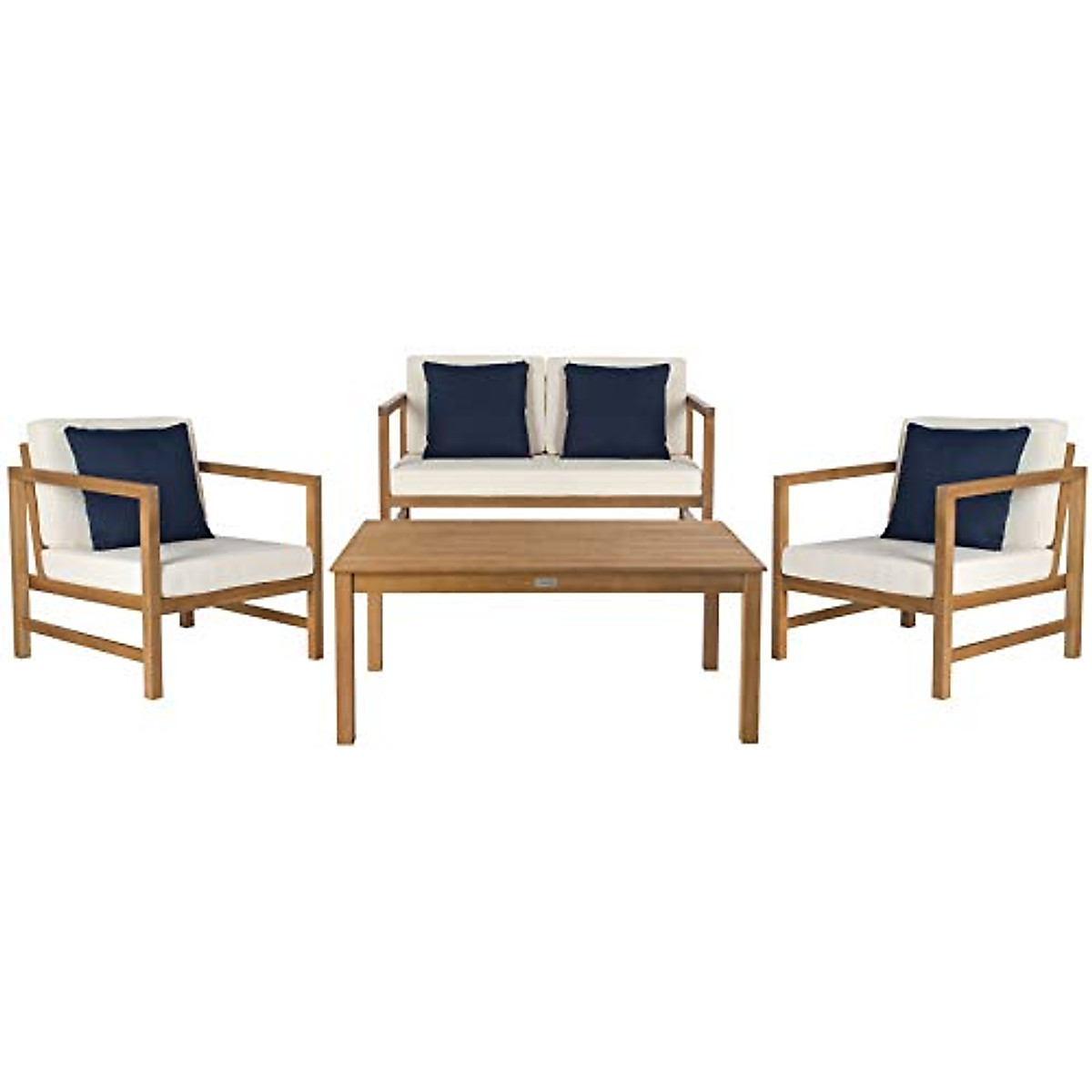 SAFAVIEH Outdoor Collection Montez Natural/ Beige Cushions/ Navy Pillows 4-Piece Conversation Patio Set