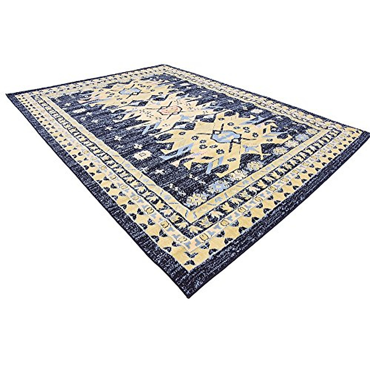 Unique Loom Taftan Collection Border Geometric Tribal Inspired Design Area Rug, 9 ft x 12 ft, Navy Blue/Gold