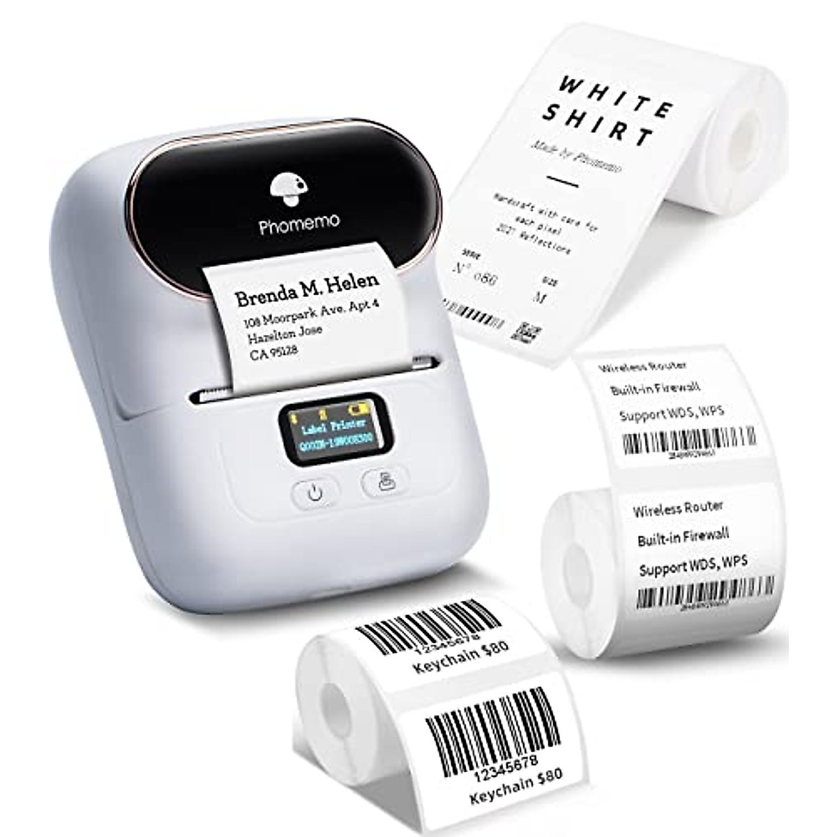 Phomemo M110 Label Printer - Bluetooth Portable Label Maker No Ink, Mini Barcode Label Printer for Retail, Address, Barcode, Home, for PC/Mac, iOS/Android with 3pack Most Used Labels, Snow White