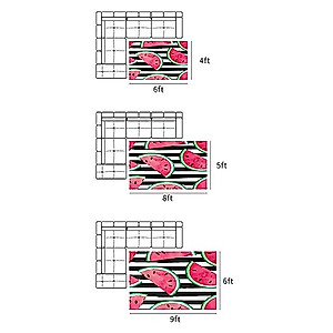 Outdoor Rug Waterproof Outdoor Patio Rug Outdoor Area Rug Mats RV Camping Rugs Outdoor Carpet Tropical Fruit Watermelon Pink Summer Stripe Black and White Background 4x6 Feet