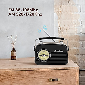 ByronStatics Black AM FM Radio - Small Portable Radios Vintage/Retro with Headphone Jack, Large Analog Rotary Tuning Dial - Power Plug or 4 x 1.5V AA Battery