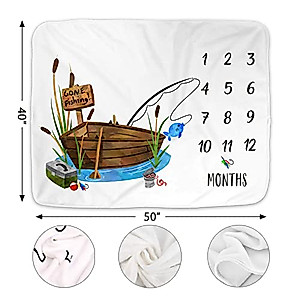 Popfavors Fishing Baby Monthly Milestone Blanket, Gone Fishing Baby Boy Growth Chart Milestone Photo Blanket, Fishing Boat Newborn, Includes Marker (50x40)
