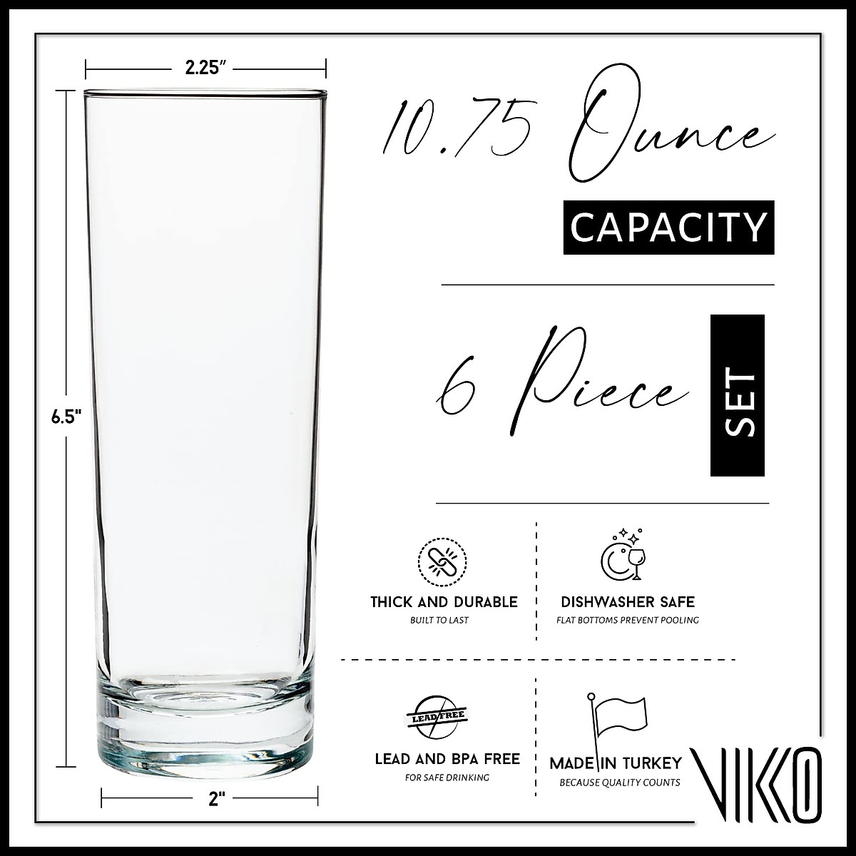Vikko Highball Glasses with Weighted Base, 10.75 Ounce Drinking Glass, Set of 6 Collins Glasses for Juice, Water, Beverages and Cocktails