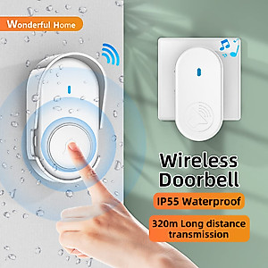 Wonderful Home Wireless Doorbell with IP65 Waterproof 1050 Feet/320M and 5 Adjustable Volume Levels 38 Melodies Doorbell Chime and LED Flashing