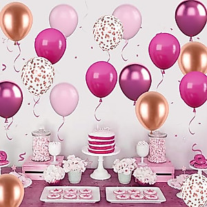 GREMAG Pink Balloons, 12inch Hot Pink Rose Gold Macaron Pink Metallic Magenta Confetti Balloon Kit with Ribbons, 60Pcs Latex Balloon for Birthday Baby Shower Anniversary Wedding Graduation Girls Party