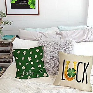 Fjfz St. Patrick's Day Luck Clover Decorative Throw Pillow Covers 20 x 20 Set of 4, Green Shamrock Horseshoe Holiday Porch Patio Home Decor, Irish Lucky in Love Gifts Outdoor Sofa Couch Cushion Case