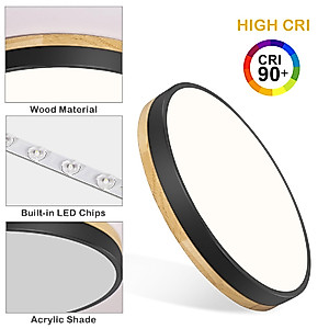 Vikaey Modern Wood LED Ceiling Light Fixture, Minimalist Black Flush Mount Ceiling Lamps, Round Ceiling Lighting Fixtures for Bedroom, Dining Room, Kitchen, Laundry Room, Hallway (NOT Dimmable)