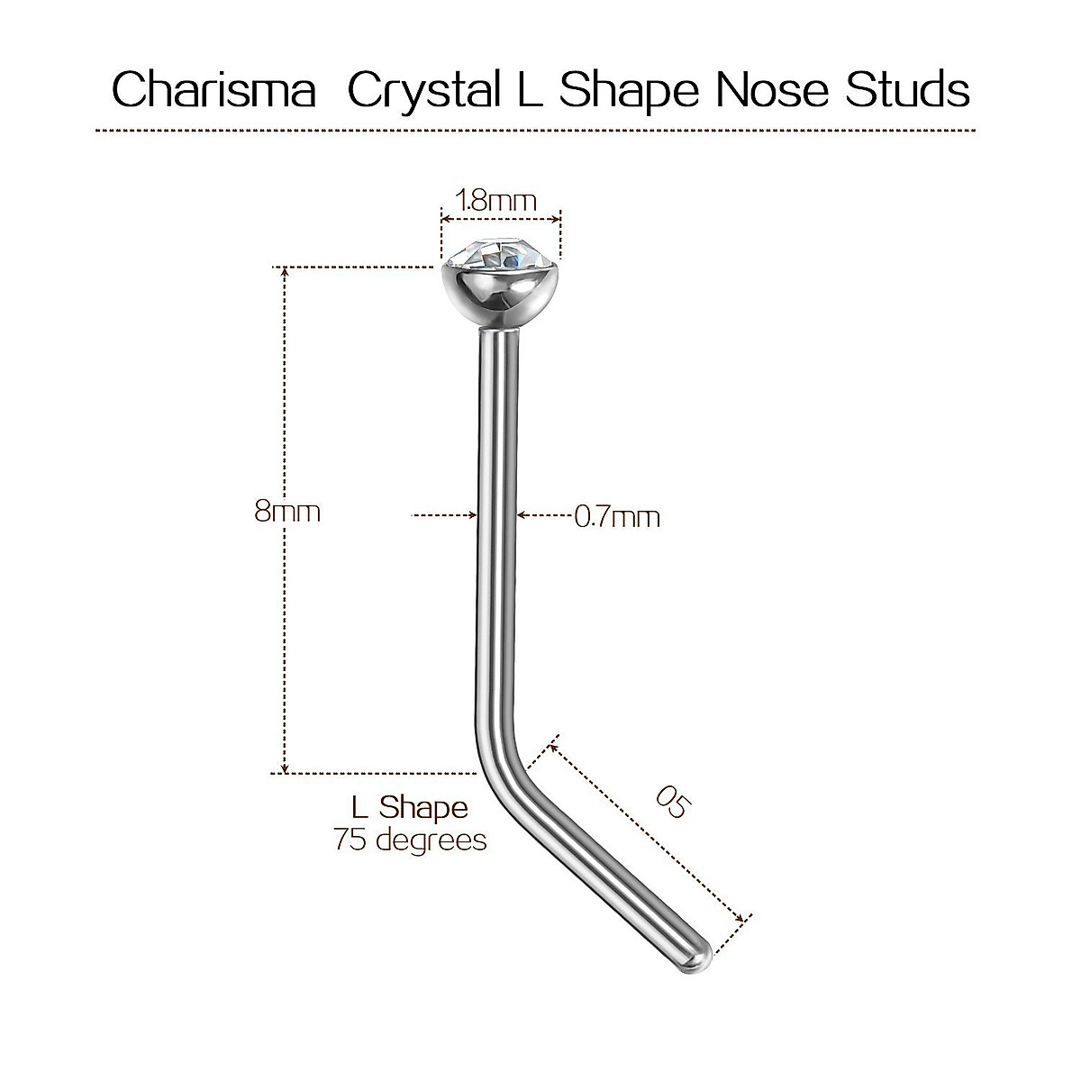 Charisma Small Nose Studs Stainless Steel Curved Nose Stud Bend L Shape Nose Ring Screw Piercing Jewelry Tiny Bone Studs for Women Men Hypoallergenic 20G (10pcs,Clear CZ, L-shape,1.8mm)