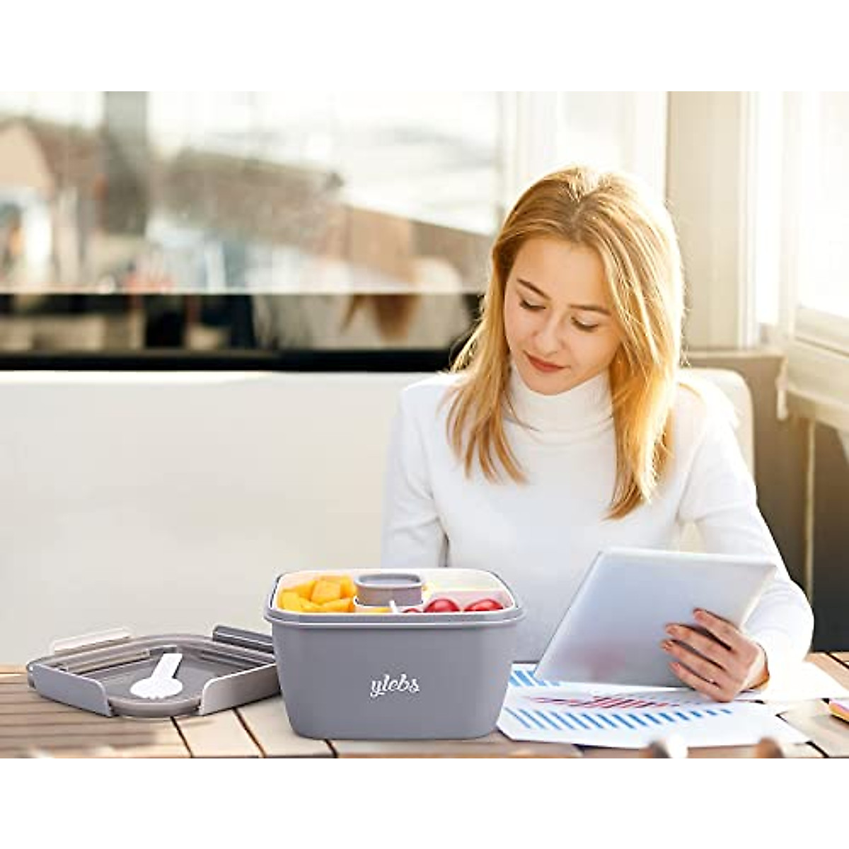 Bento Box Adult Lunch Box,Salad Container for Lunch with Large 52-oz Salad Bowl,3-Compartment Bento-Style Tray and 3-oz Sauce Container for Dressings,Meal Prep to Go Containers for Food Fruit Snack