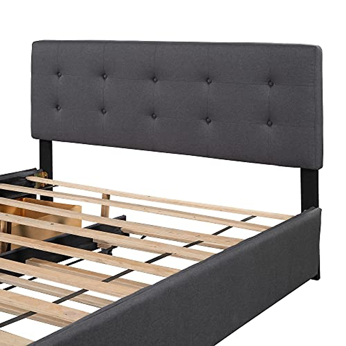 Queen Upholstered Platform Bed with 2 Storage Drawers and 1 Twin XL Trundle, Linen Fabric, Wood Bed Frame (Queen Size, Dark Gray)