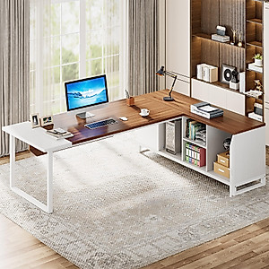 Tribesigns 70.8" Executive Desk with 55" File Cabinet, Modern L Shaped Computer Desk with Storage Shelves and Cabinet, Large L Shaped Executive Desk for Home Office, Walnut & White