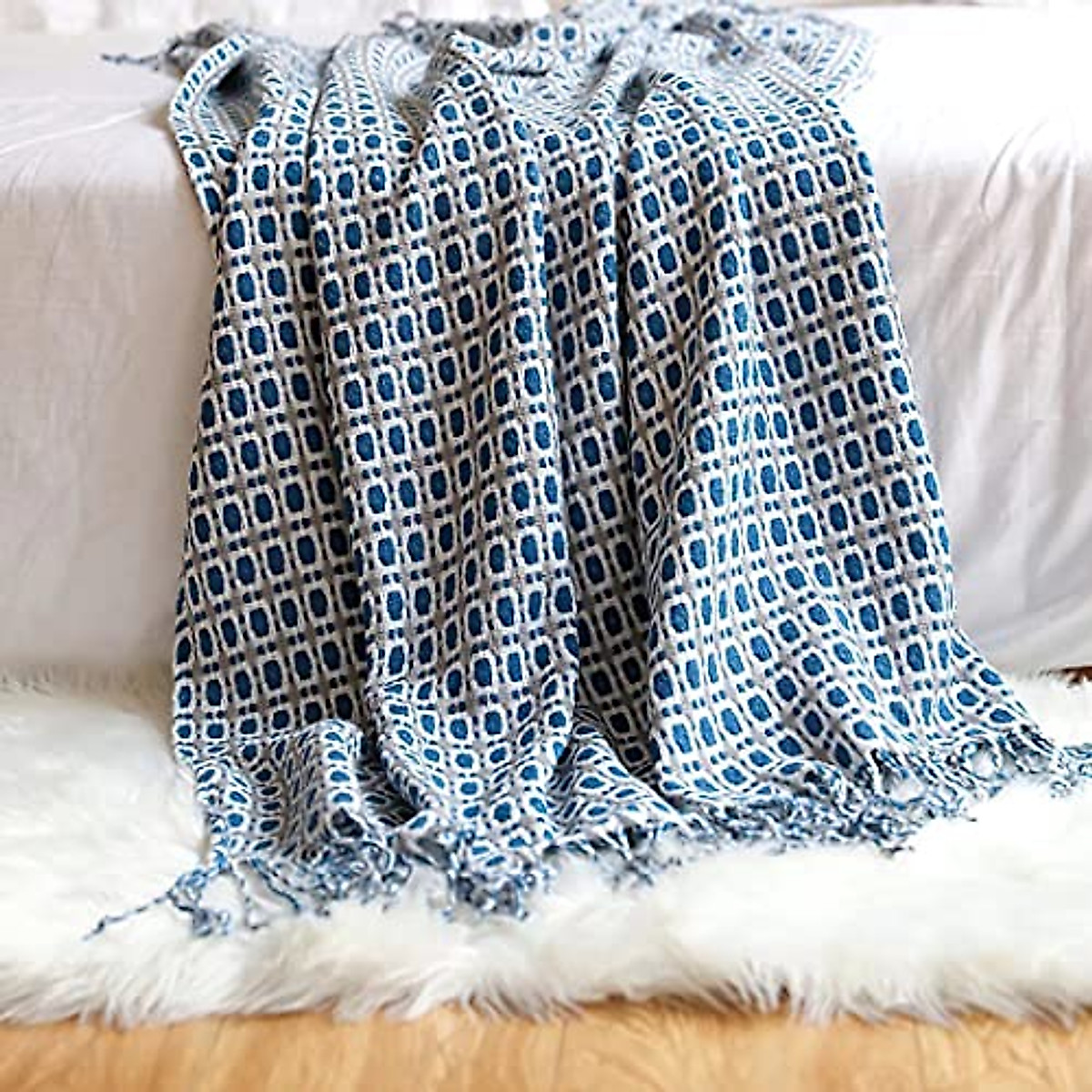 Acrylic Knitted Throw Blanket, Woven Blanket with Tassels Wave Textured Lightweight and Soft Cozy Decorative Blanket Throws for Travel, Couch, Bed, Sofa, 51"x63", Blue