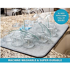 XXL Dish Mat 24" x 17" (LARGEST MAT) Microfiber Dish Drying Mat, Super absorbent by Bellemain (Gray)