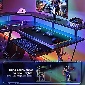 Rolanstar L Shaped Computer Desk with LED Lights and Power Outlets, 54" Gaming Desk with Keyboard Tray, Corner Desk with Monitor Stand, Home Office Desk with Hook, Black