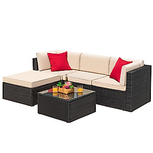 Greesum 5 Piece Patio Conversation Set Wicker Rattan Furniture Outdoor Sofa with Cushions,Pillows & Glass Table for Porch,Lawn and Yard, Light Beige