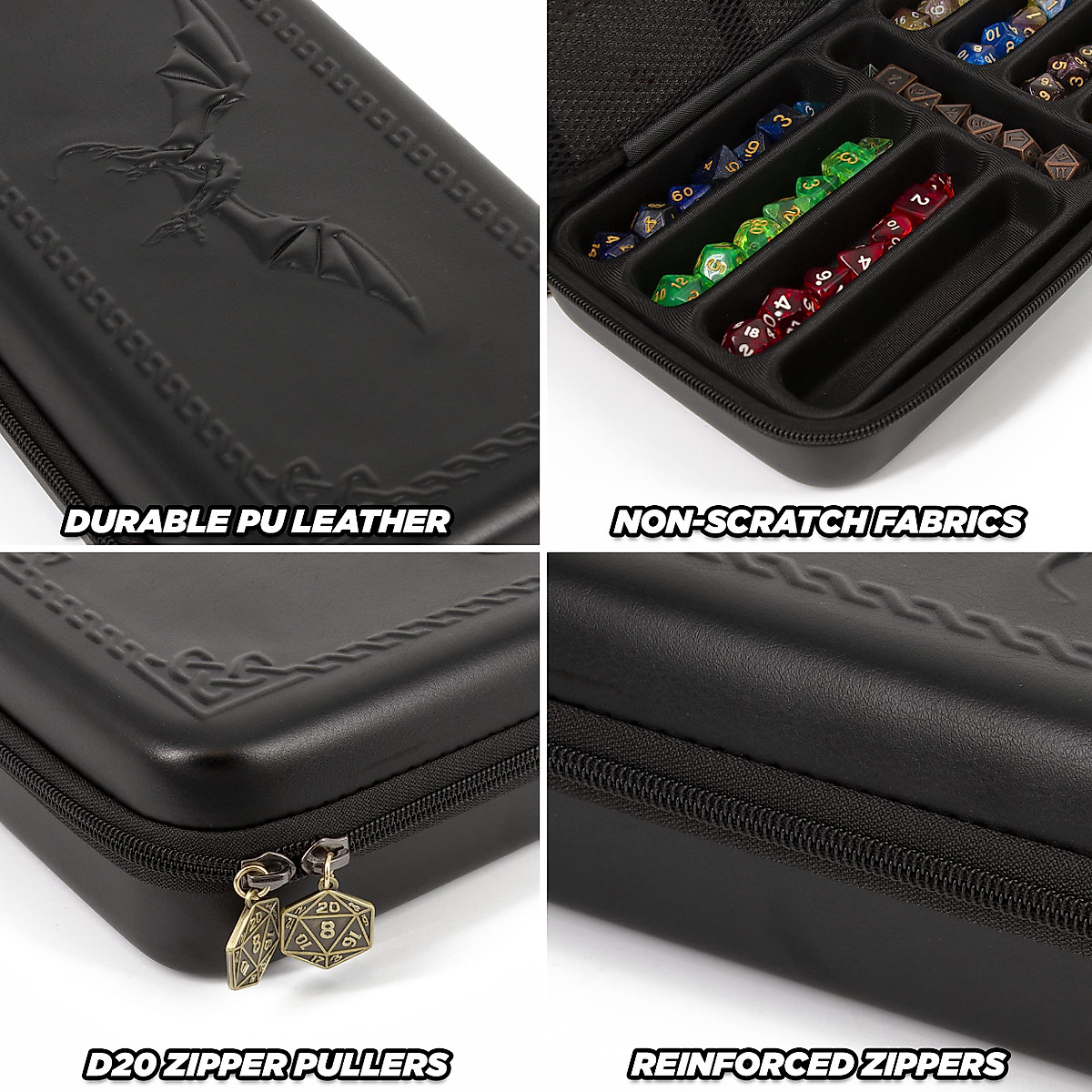 CASEMATIX Dice Box and Card Case for 9 Sets of RPG Dice, Spell Cards, Counters and Other Accessories - Hard Shell Dice Holder with Embossed Dragon Design, Carry Handle and Dice Tray Functionality