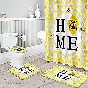 Honeycomb 4 Pieces Shower Curtain Sets with Non Slip Rugs Toilet Lid Cover and Bath Mat, Yellow Honeycomb with Bee Watercolor Bathroom Decor Set with 12 Hooks, 72" x 72"