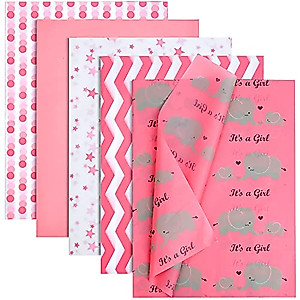 100 Sheets Baby Shower Wrapping Tissue Paper Elephant Polak Dot Print Pink Blue Tissue Paper for Gender Reveal Party Gift Wrapping Crafts Diaper Cake Baby Shower Birthday Decorations,13.8''x19.7''(Pink)