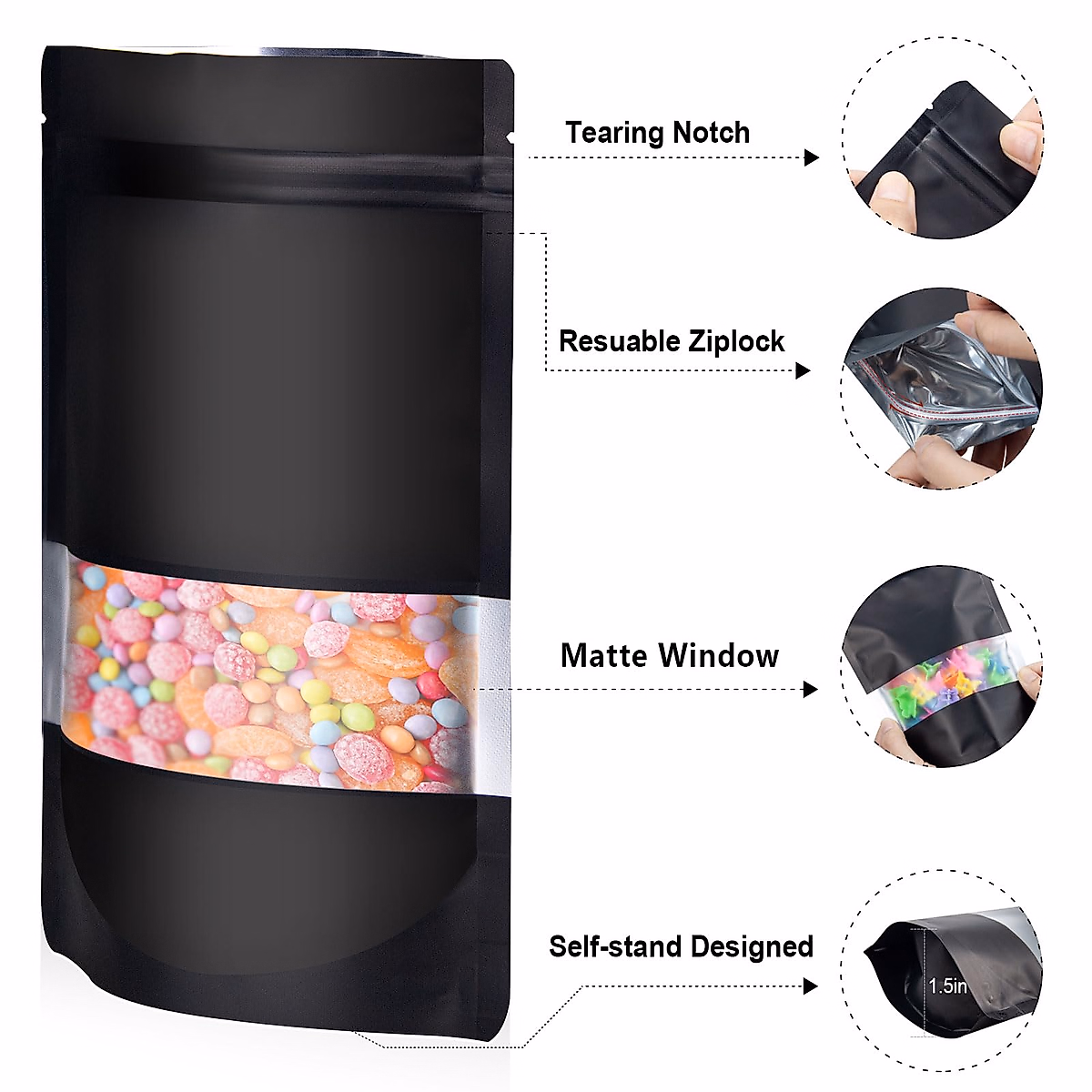 ODDIER 4"x6" 120pcs Smell Proof Mylar Bags for Food Storage, Stand-up Resealable Mylar Bags Food Storage Bags with Matte Window, Foil Pouch Stand-up Bags for Food Self Sealing Storage（Black ）