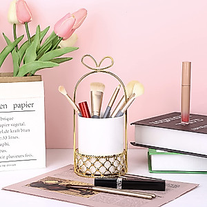 JUXYES Ceramic Silverware Holder For Tabletop, White Cutlery Holder With Golden Metal Bracket, Decorative Flatware Holder Countertop Utensil Holder Organizer for Wedding Kitchen Dining Tables