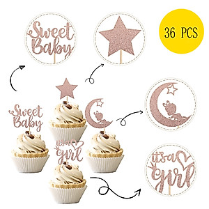 36 PCS Baby Shower Girl Cupcake Toppers with Moon Glitter Star It's a Girl Sweet Baby Gender Reveal Cupcake Picks Baby Shower Kids Girls Birthday Party Cake Decorations Supplies Rose Gold