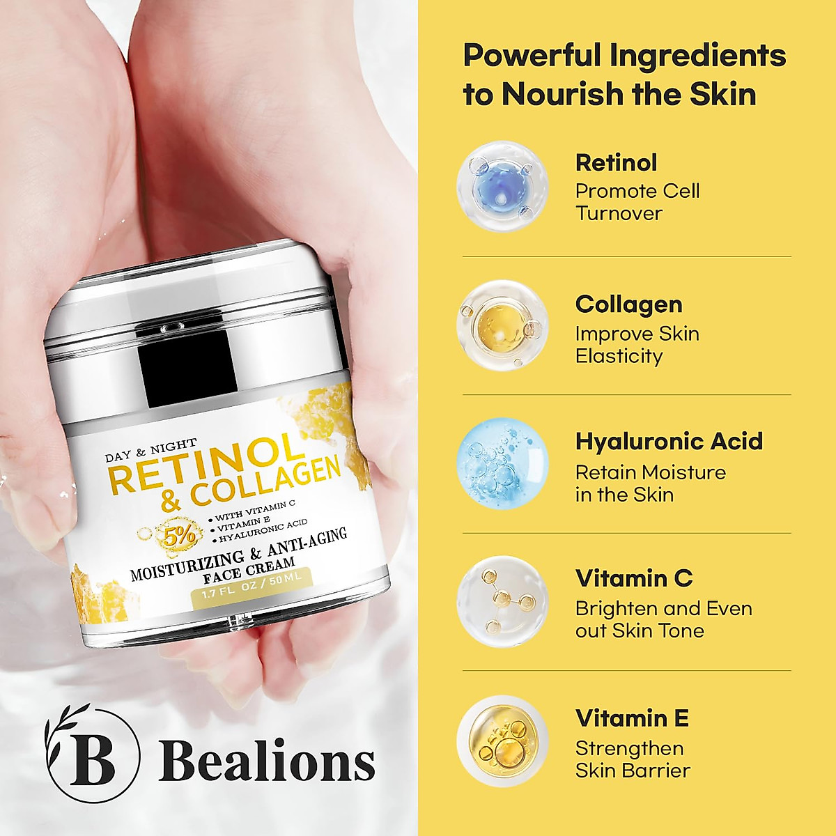 Bealions Retinol Collagen Cream - Hydrating Hyaluronic Acid Face Moisturizer, Anti-Aging & Firming, Vitamin C+E, for All Skin Types, USA-Made, 1.7 Fl Oz