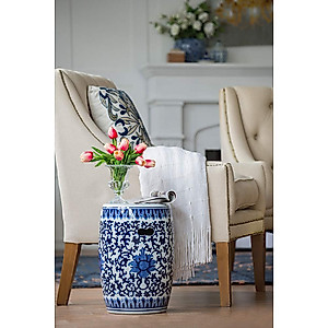 A & B Home Blue and White Asian Style Stool Indoor Multi Purpose Versatile Design Sturdy Glazed Porcelain Finish 11" x 11" x 16"